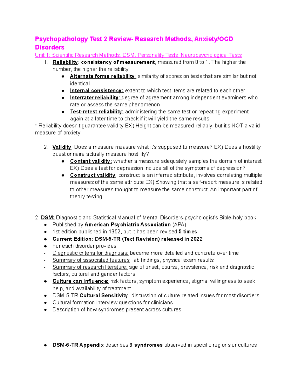 Psychopathology Study Guide 2 - Psychopathology Test 2 Review- Research ...