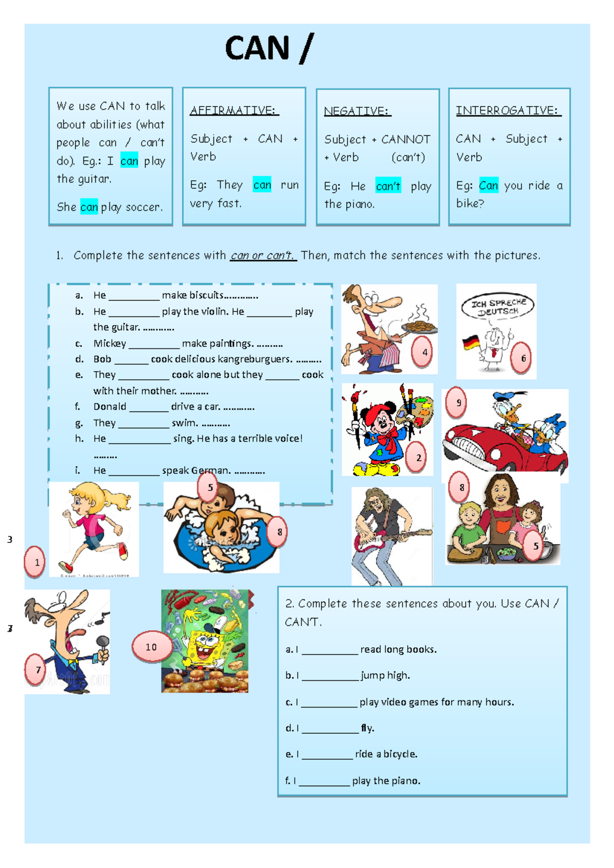 Can worksheet 2 - lnk';l,' - Complete the sentences with can or can’t ...