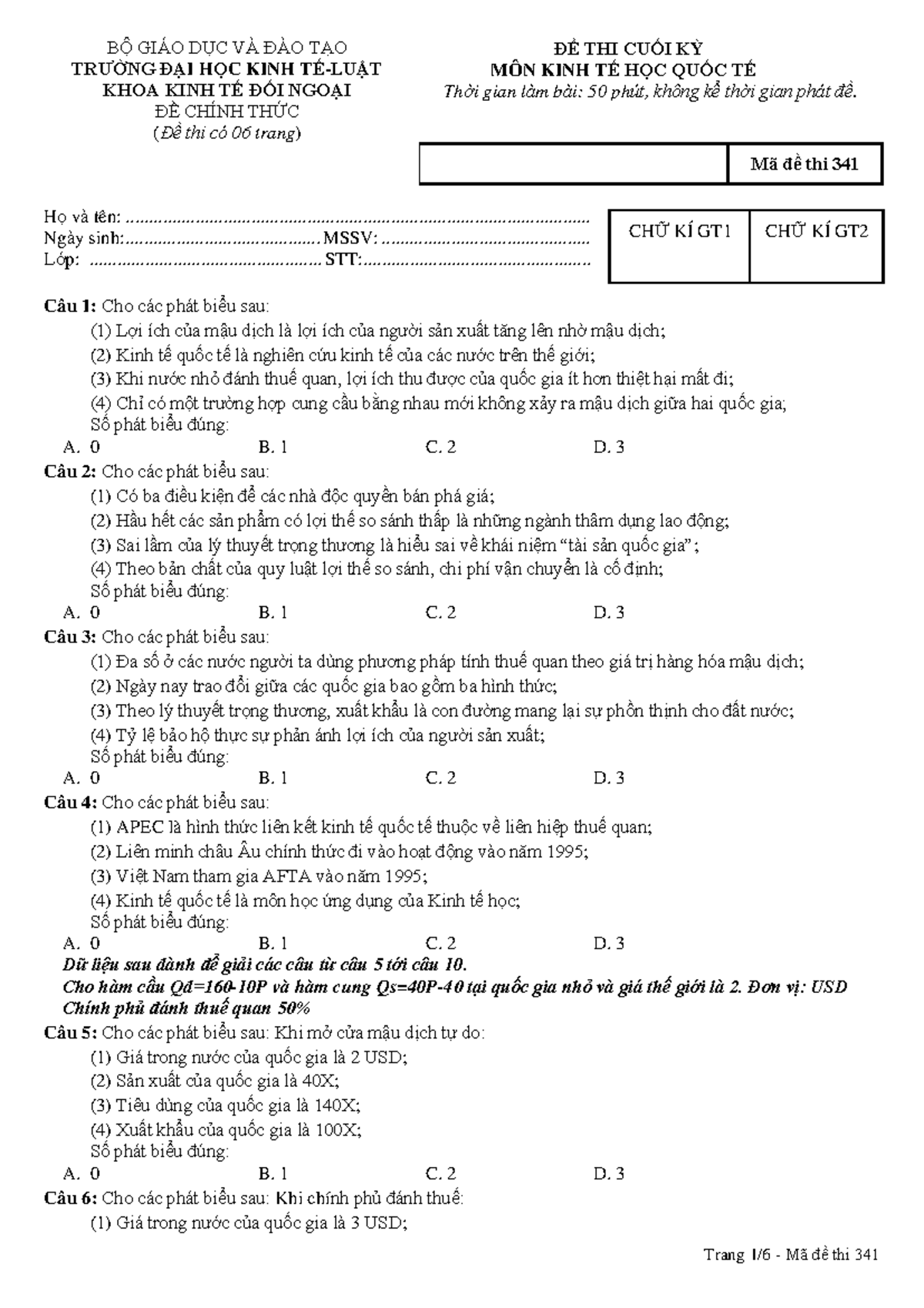 KTĐN KINH-TE-HOC-QUOC-TE - BỘ GIÁO DỤC VÀ ĐÀO TẠO TRƯỜ NG ĐẠ I HỌ C KINH TẾ - LUẬT KHOA KINH TẾ ...