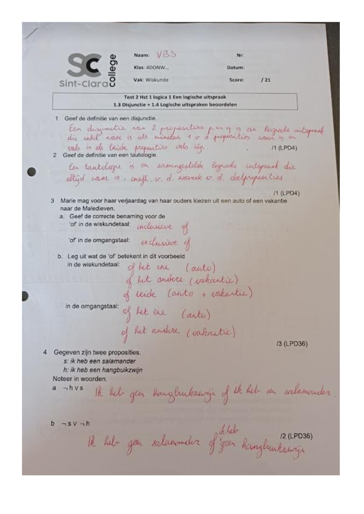 Wiskunde 2. 1.3 + 1.4 VBS - Naam: VBS Nr. college Klas: 4DONW. Datum ...