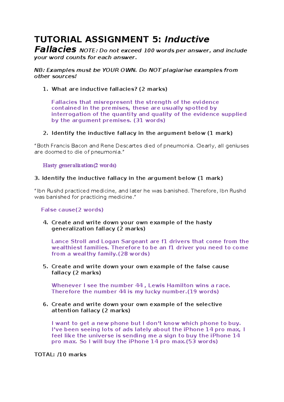 Fil 110 Tutorial Assignment 5 Tutorial Assignment 5 Inductive Fallacies Note Do Not Exceed