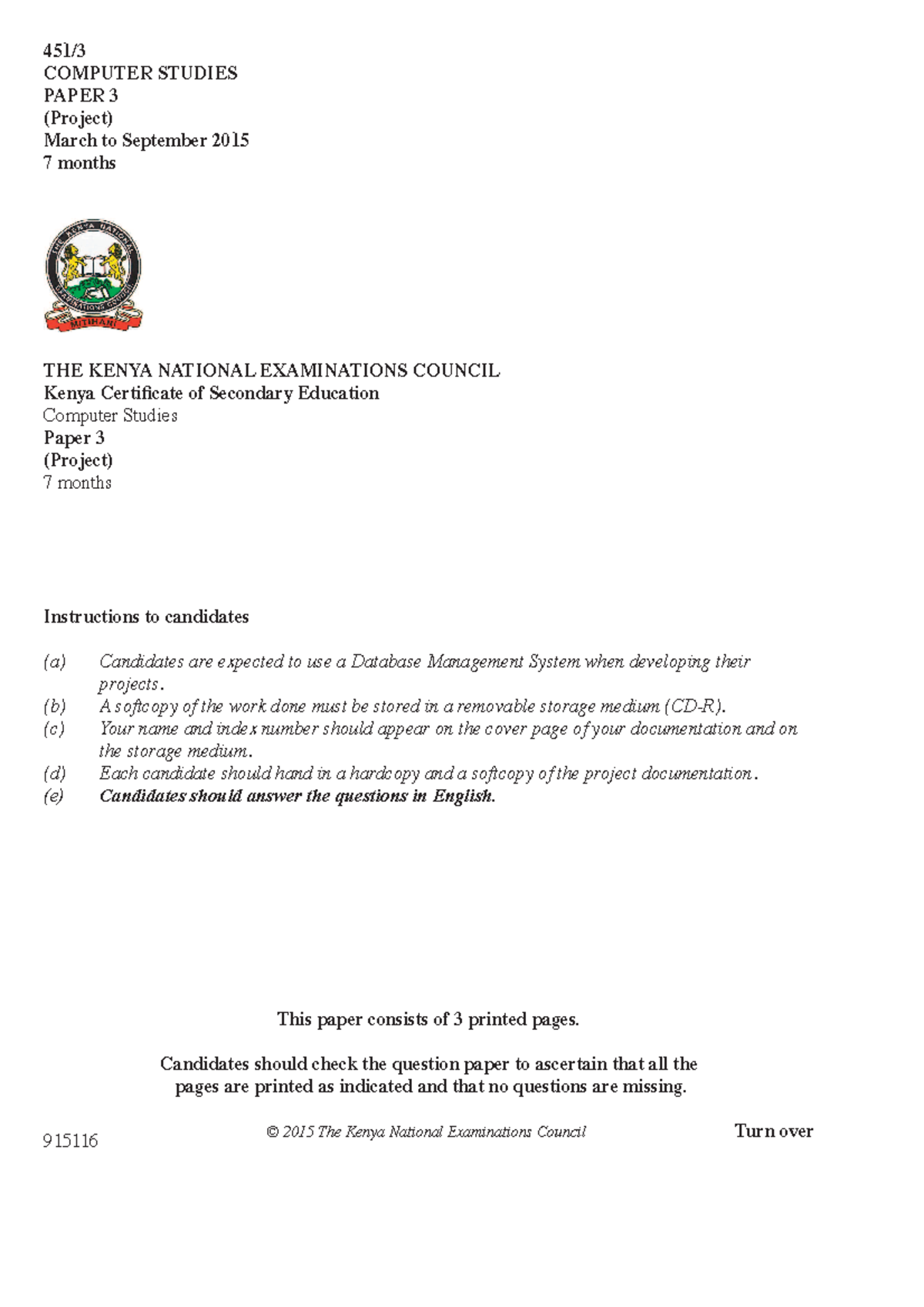 2015 451 Muungano KCSE 2015 - 451/ COMPUTER STUDIES PAPER 3 (Project ...