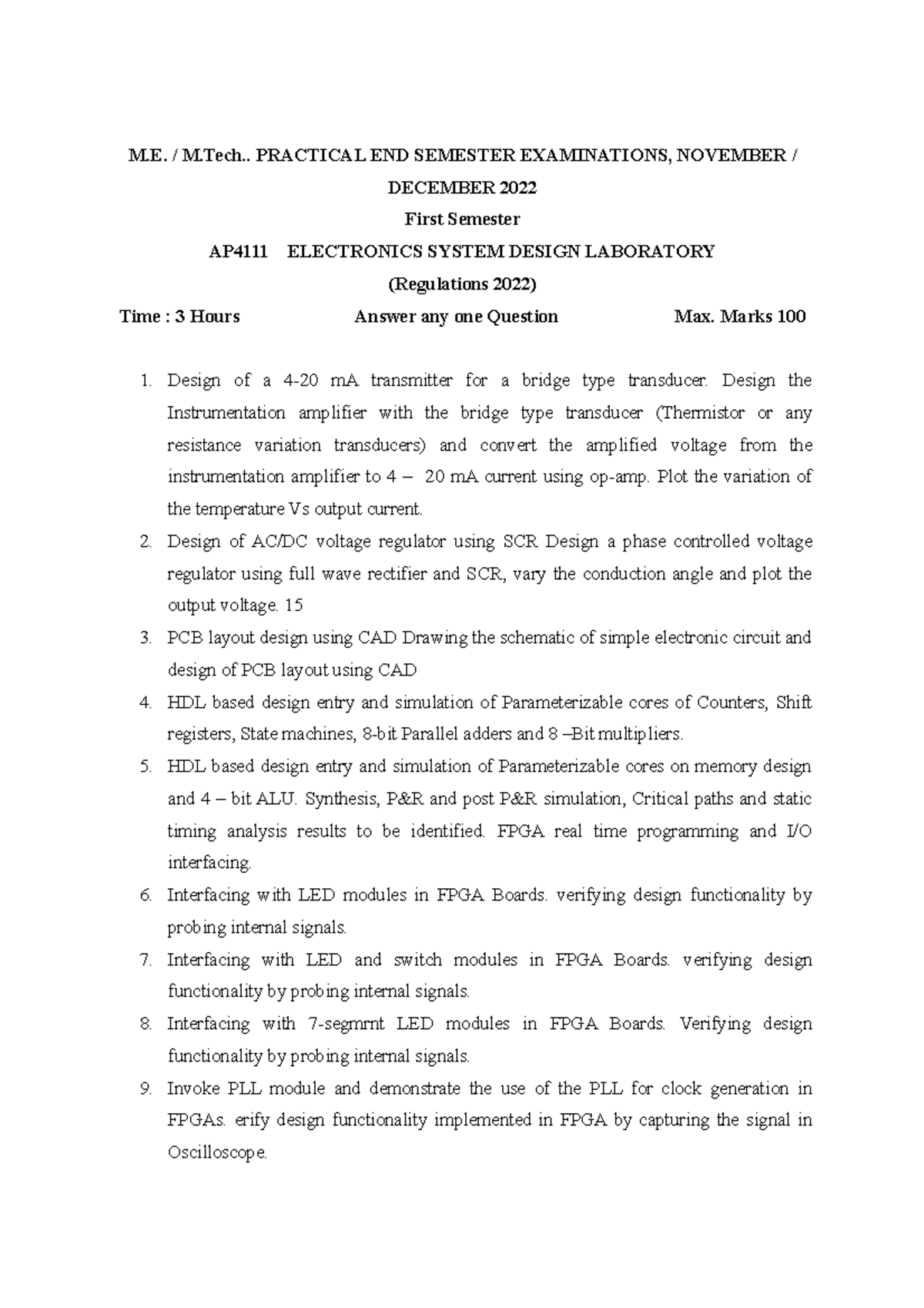 AP4111 Electronics System Design Laboratory - M. / M.. PRACTICAL END SEMESTER EXAMINATIONS ...