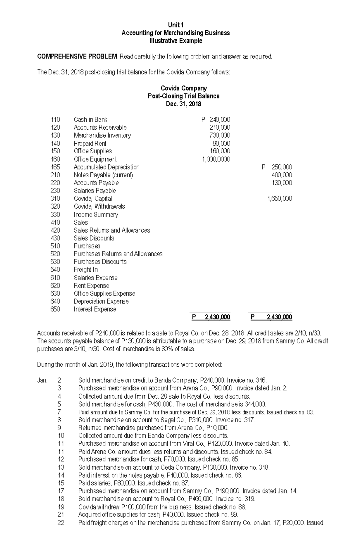 Illustrative Problem -PDF - Unit 1 Accounting for Merchandising Business Illustrative Example ...