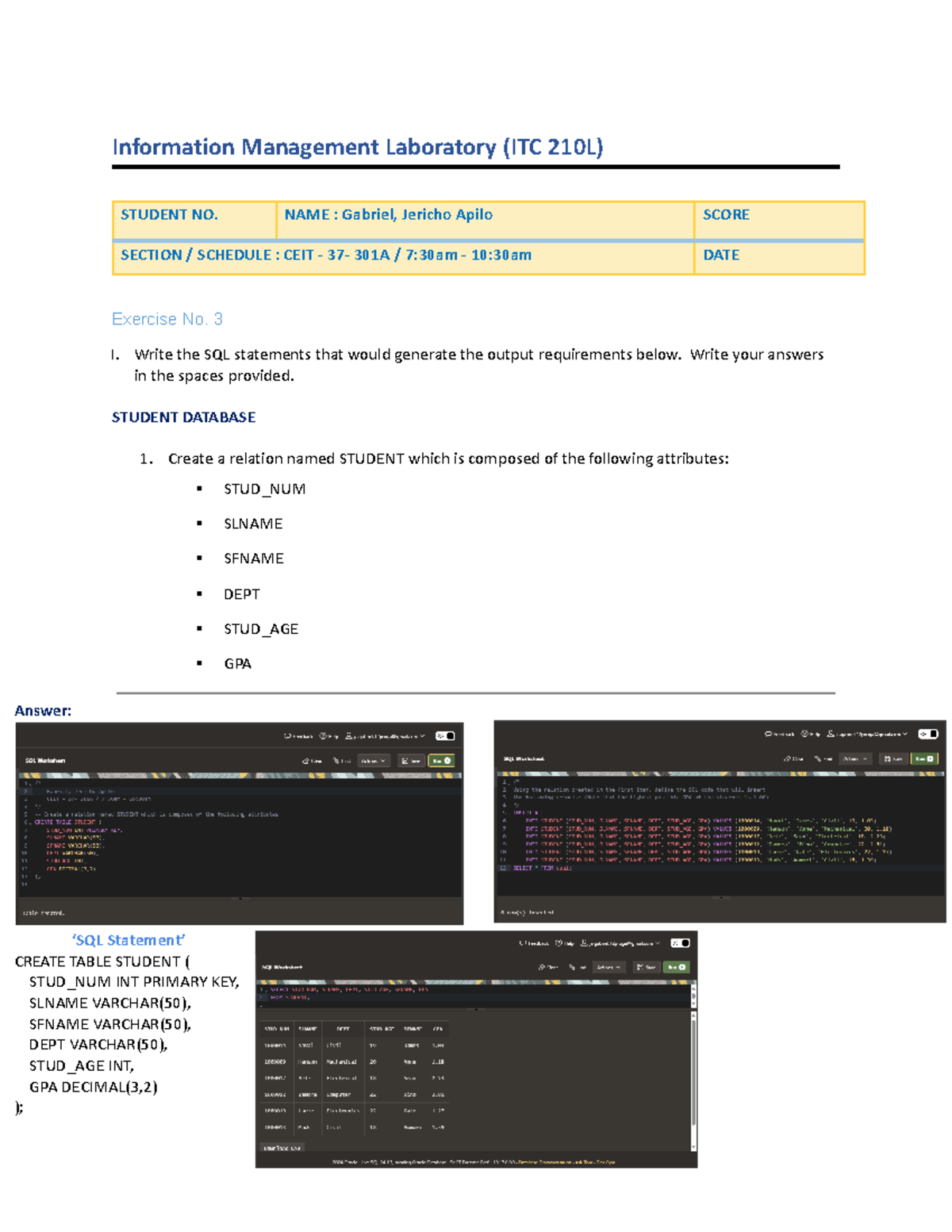 Laboratory Exercise No. 3 Gabriel, Jericho Apilo - Information Management Laboratory (ITC 210L ...