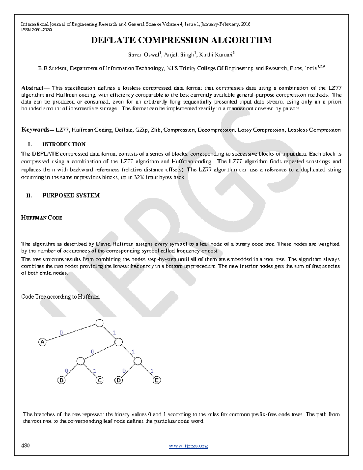 58 - huffman - ISSN 2091- DEFLATE COMPRESSION ALGORITHM Savan Oswal 1 , Anjali Singh 2 , Kirthi ...
