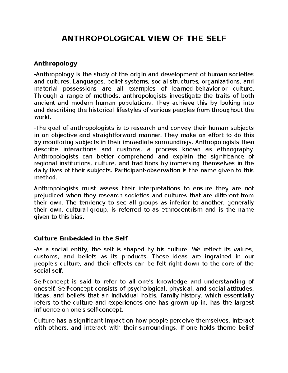 Anthropological View of the Self - ANTHROPOLOGICAL VIEW OF THE SELF ...