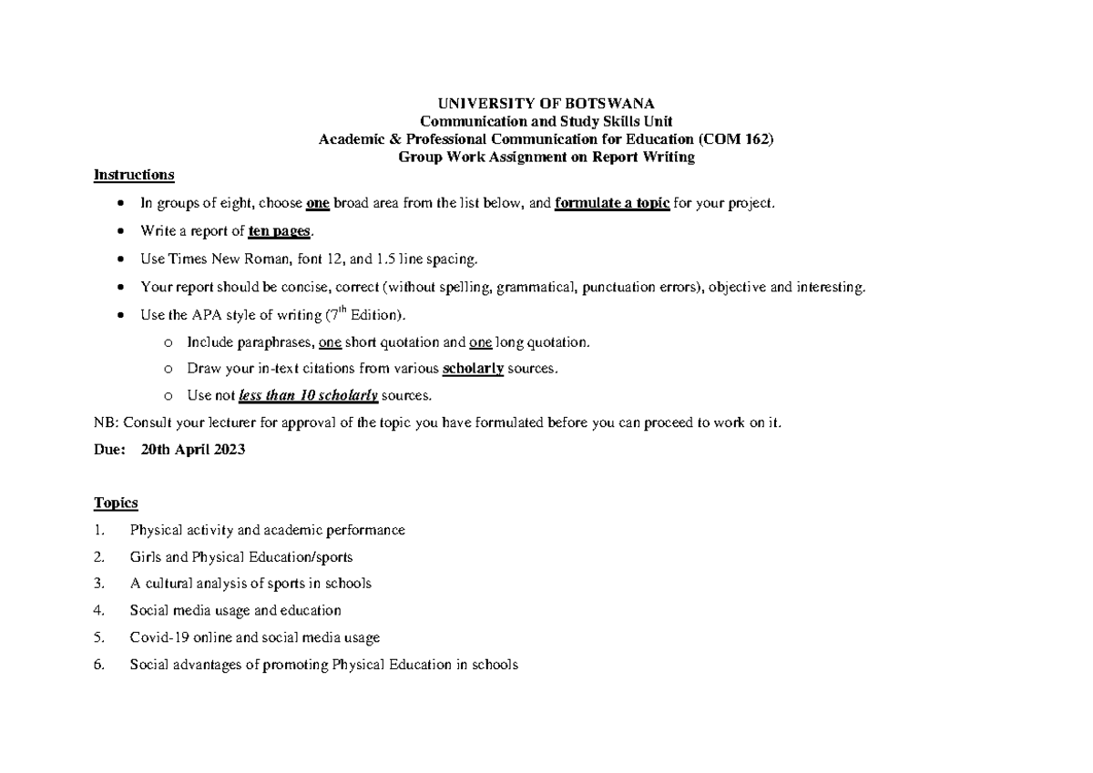Report Writing Task - PROJECT - UNIVERSITY OF BOTSWANA Communication ...