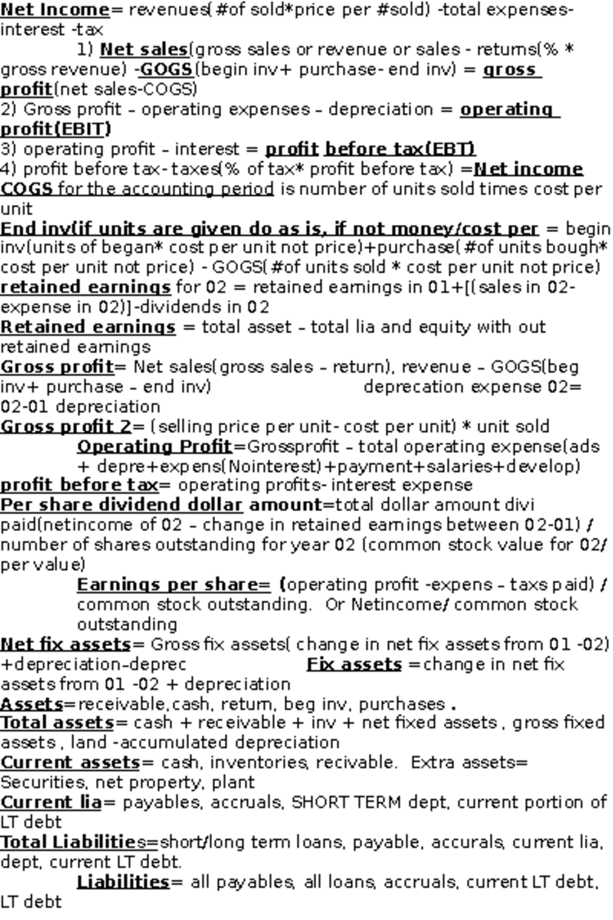 Formula sheet - Good - Net Income= revenues(#of sold*price per #sold ...