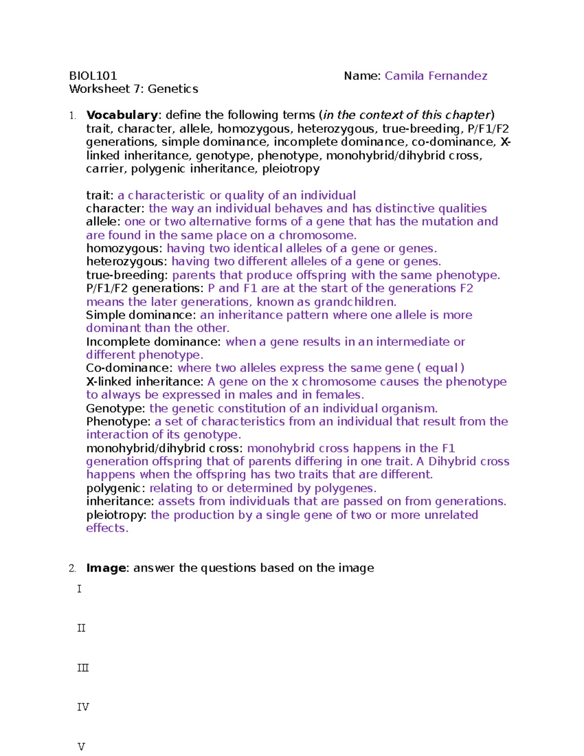 Worksheet 7 BIO - BIOL101 Name: Camila Fernandez Worksheet 7: Genetics ...