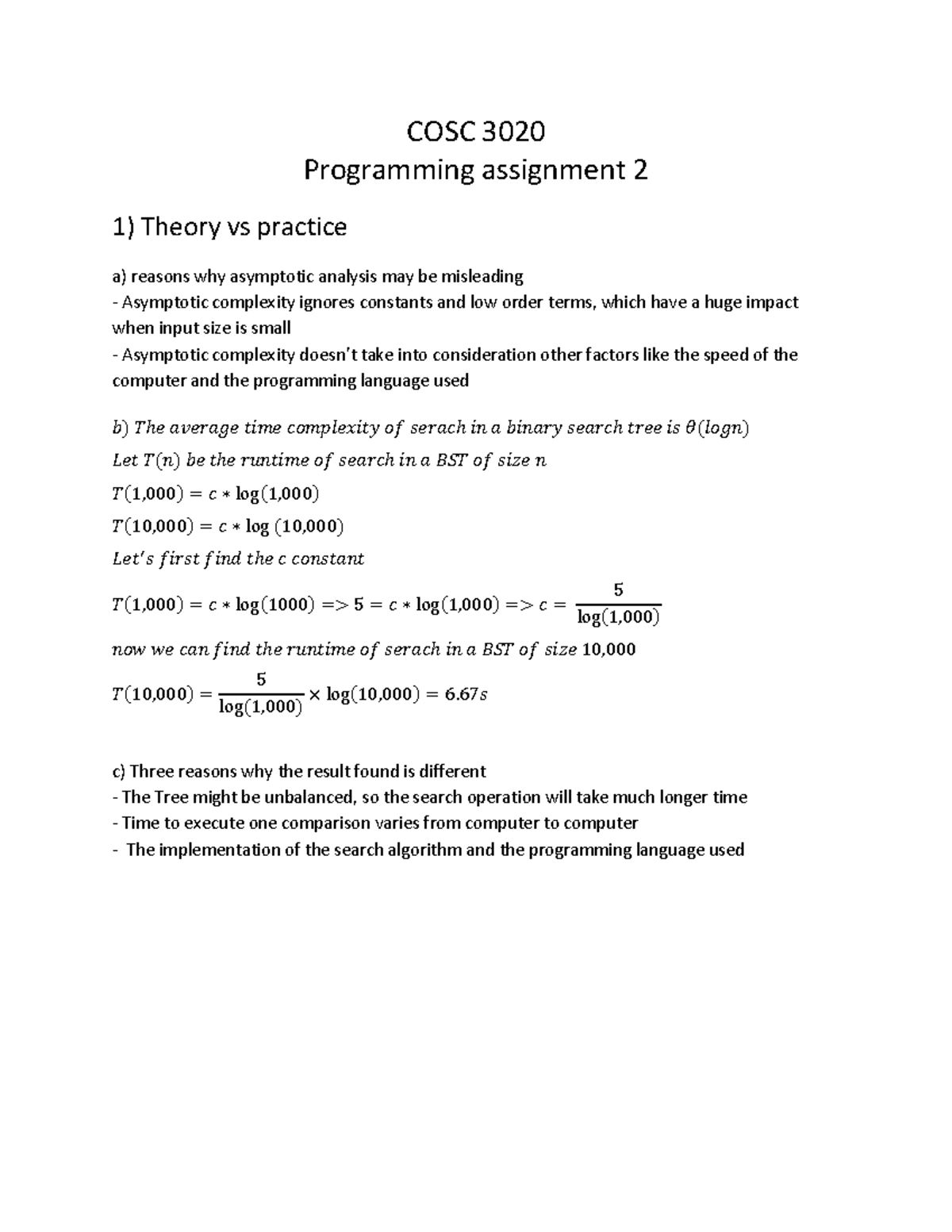 Prog Assignment 2 Cosc 3020 Programming Assignment 2 1 Theory Vs Practice A Reasons Why