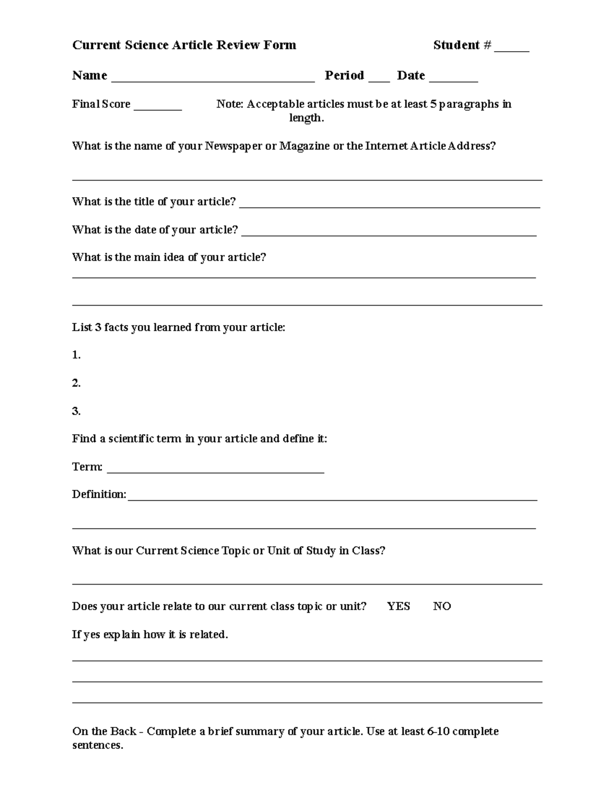 Article Review Form - What is the name of your Newspaper or Magazine or ...
