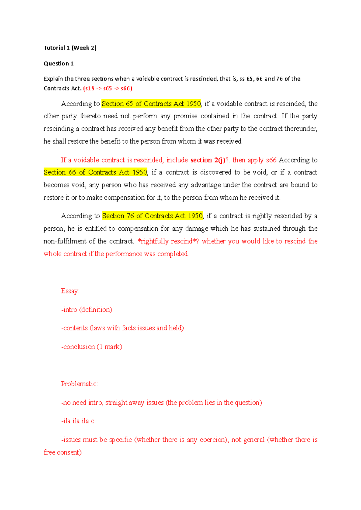 Tutorial 1 - Explain 3 sections when a voidable contract is rescinded - Tutorial 1 (Week 2 ...