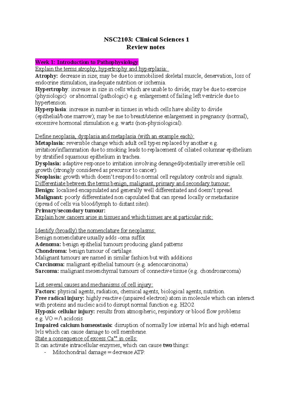 Clinical Science 1 - Review notes - NSC2103: Clinical Sciences 1 Review ...