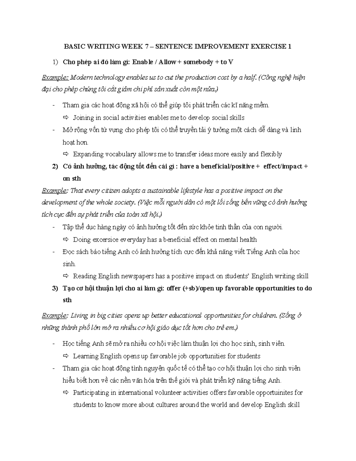 BW - Sentence Improvement Exercise - BASIC WRITING WEEK 7 – SENTENCE ...