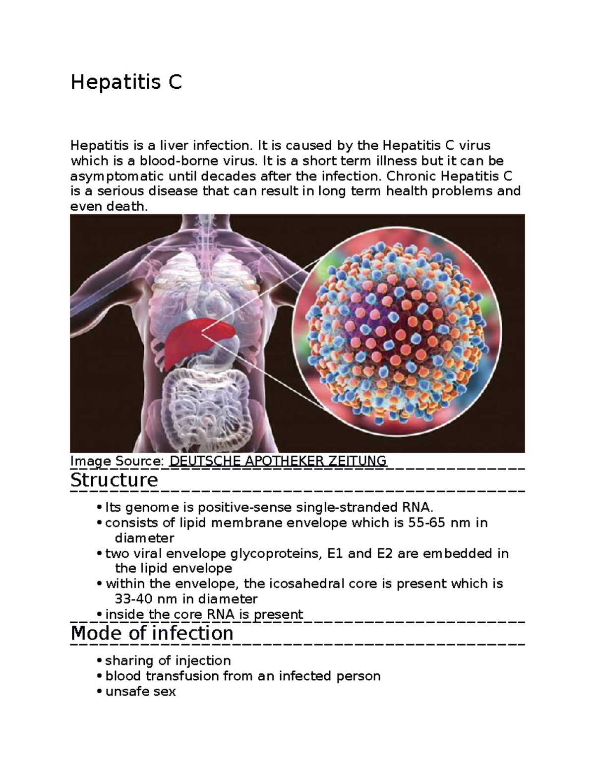 Hepatitis C - notes - Hepatitis C Hepatitis is a liver infection. It is ...