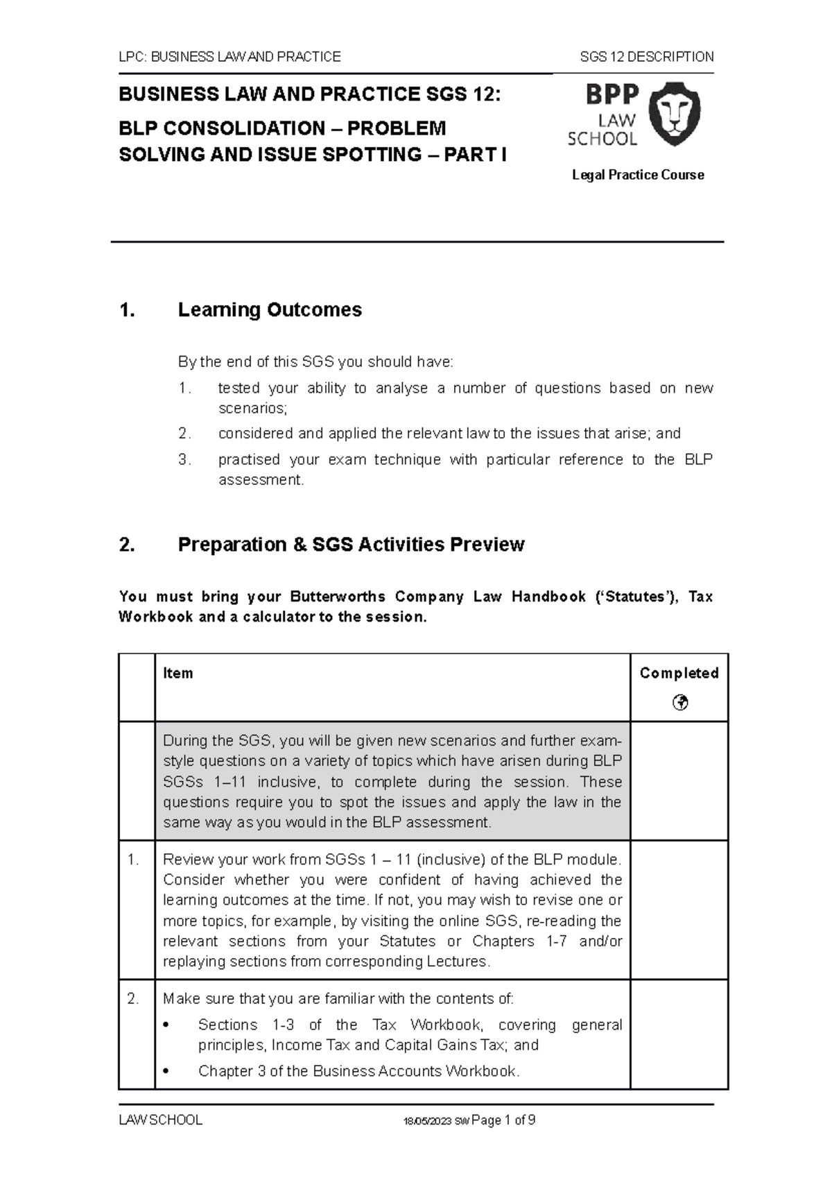 BLP SGS 12 Description 2023-24 - LPC: BUSINESS LAW AND PRACTICE SGS 12 DESCRIPTION BUSINESS LAW ...