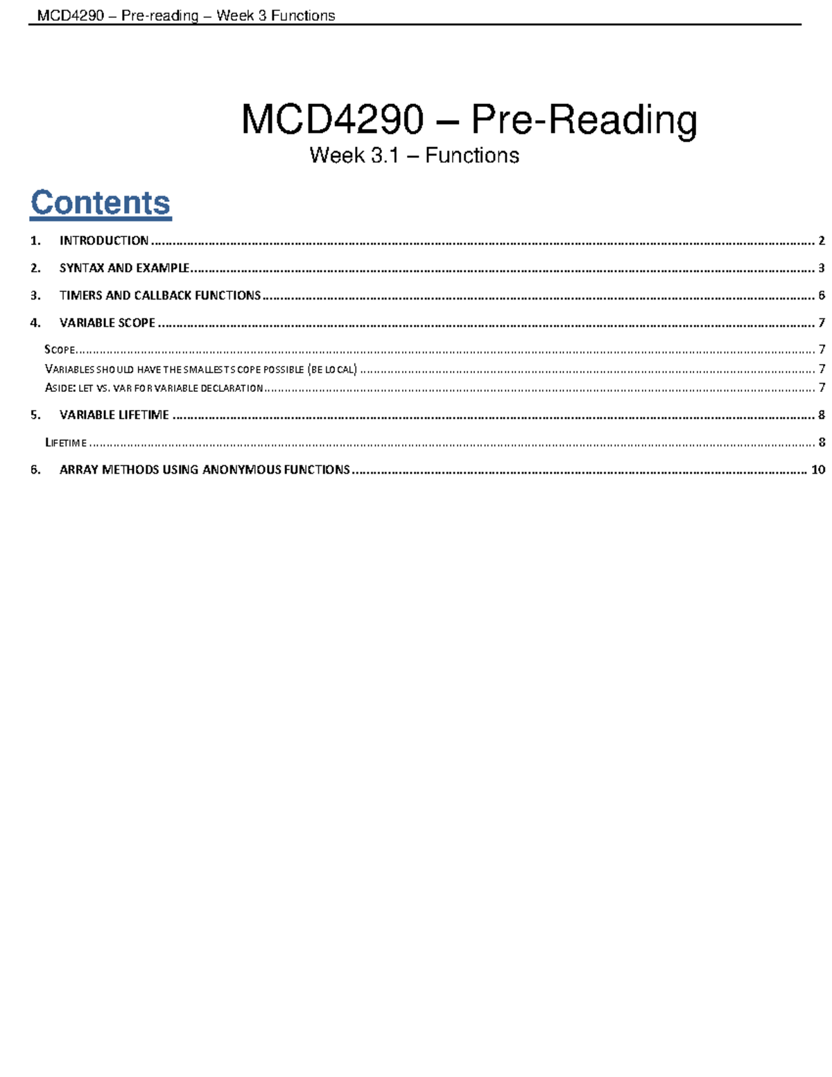 MCD4290 Prereading 3 - MCD4290 – Pre-Reading Week 3 – Functions INTRODUCTION Contents SYNTAX AND ...