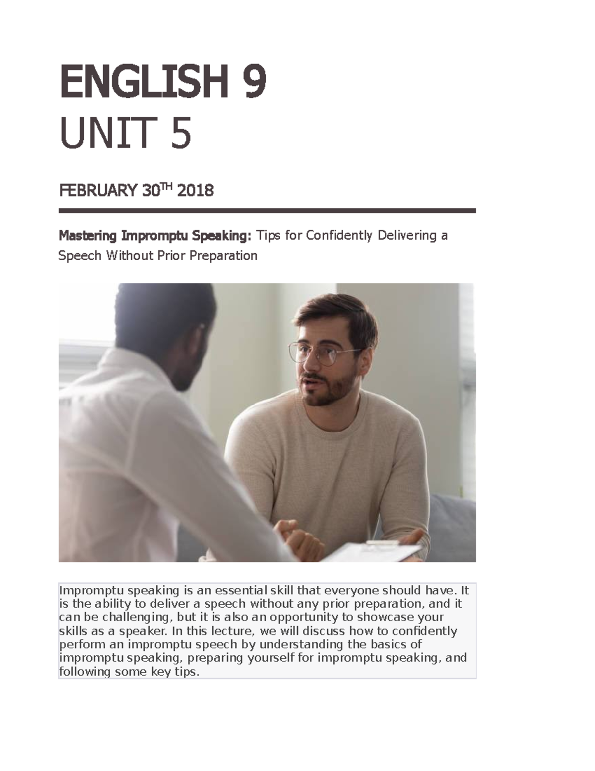Masterofimpromptuspeaking ENG9 UNIT5 - ENGLISH 9 UNIT 5 FEBRUARY 30 TH ...