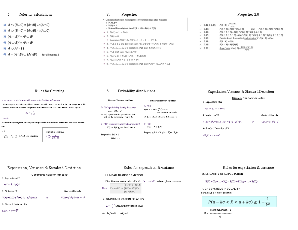 0. Cheat Sheet Stats - 6. Rules for calculations 7. Properties ...
