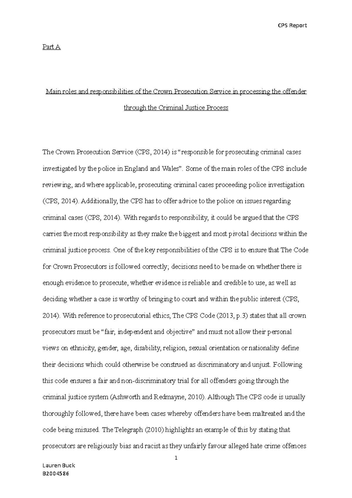 Crown Prosecution Service report - Part A Main roles and ...