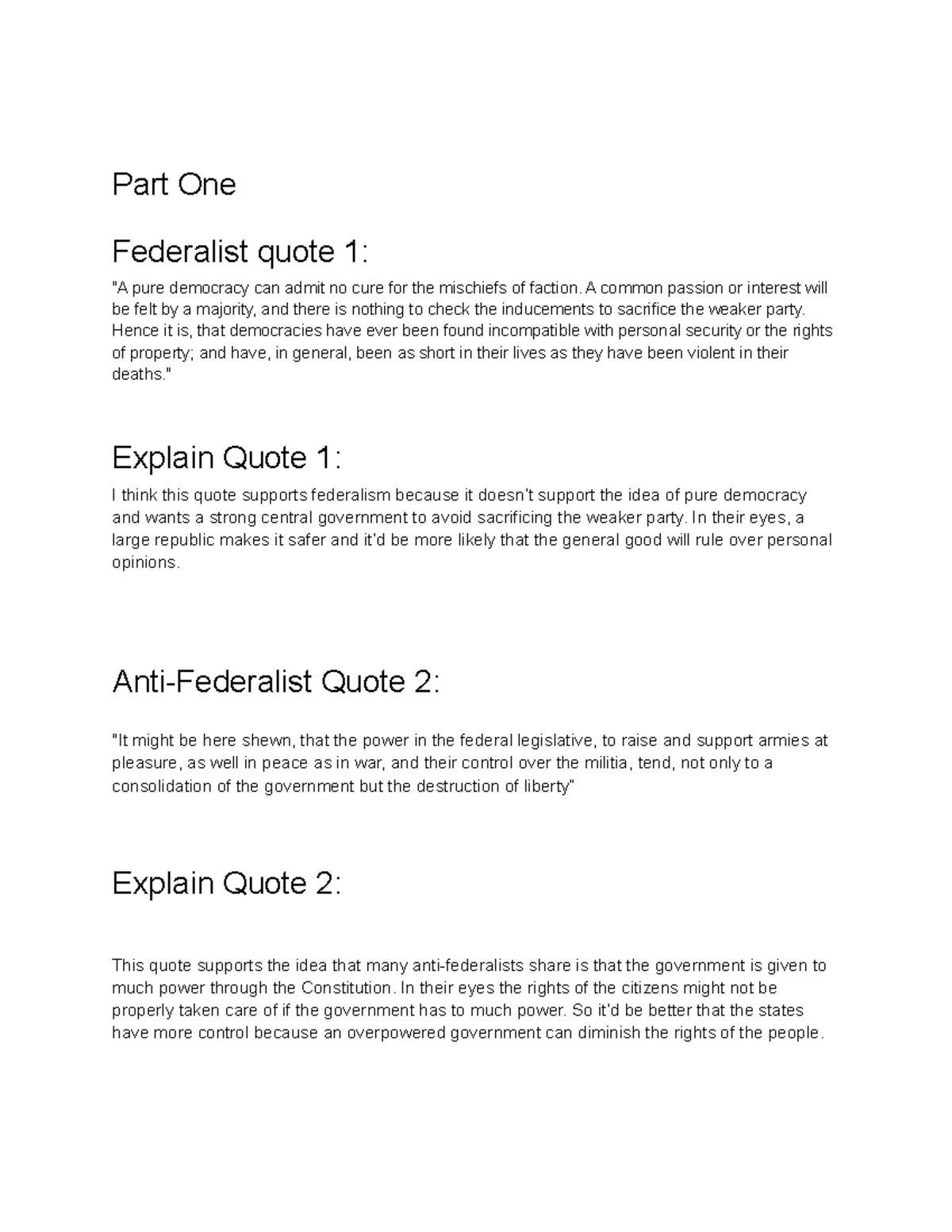 2.3 US Government - The Anti-Federalists - Part One Federalist quote 1 ...