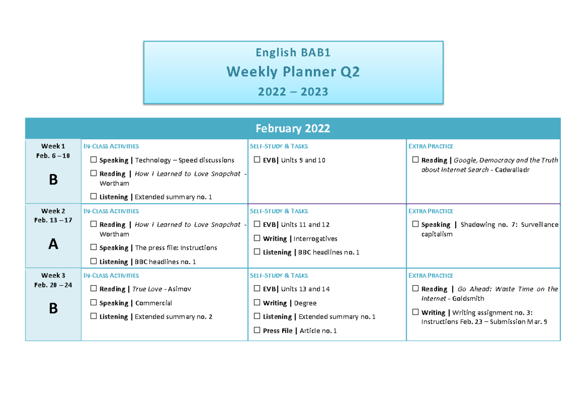 2223 Q2 Weekly Planner - Programme - February 2022 Week 1 Feb. 6 – 10 B ...