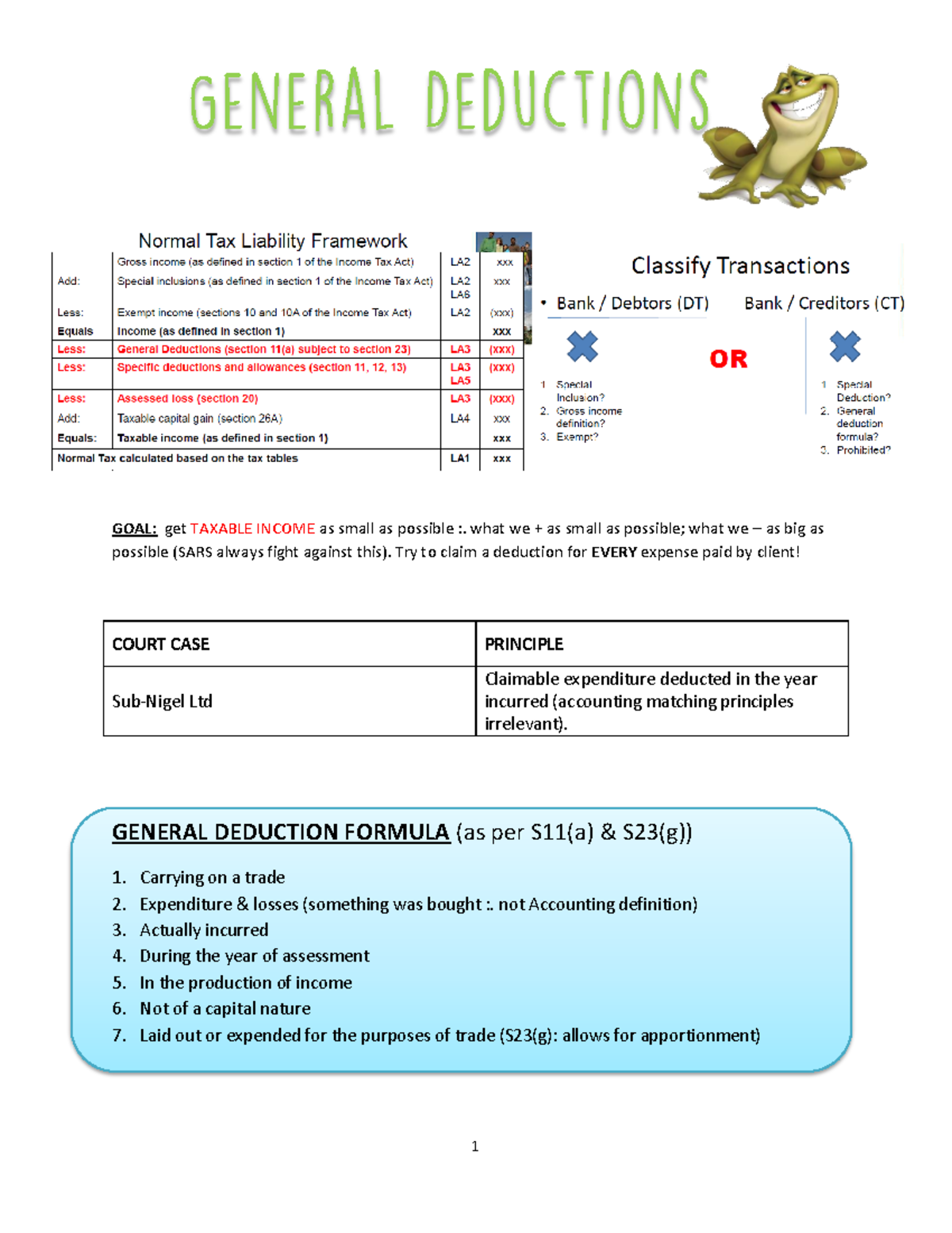General Deductions Notes - GOAL: get TAXABLE INCOME as small as ...
