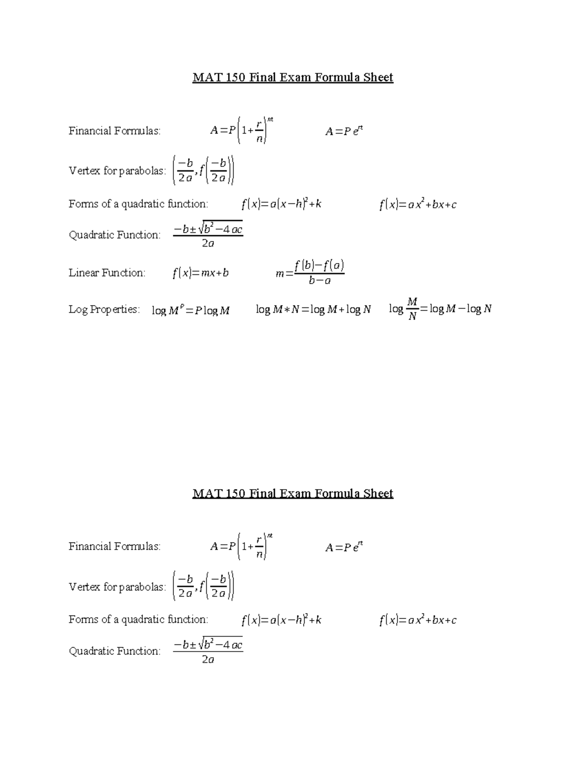 MAT150 Final Exam Formula Sheet(1) - Tagged - MAT 150 Final Exam ...