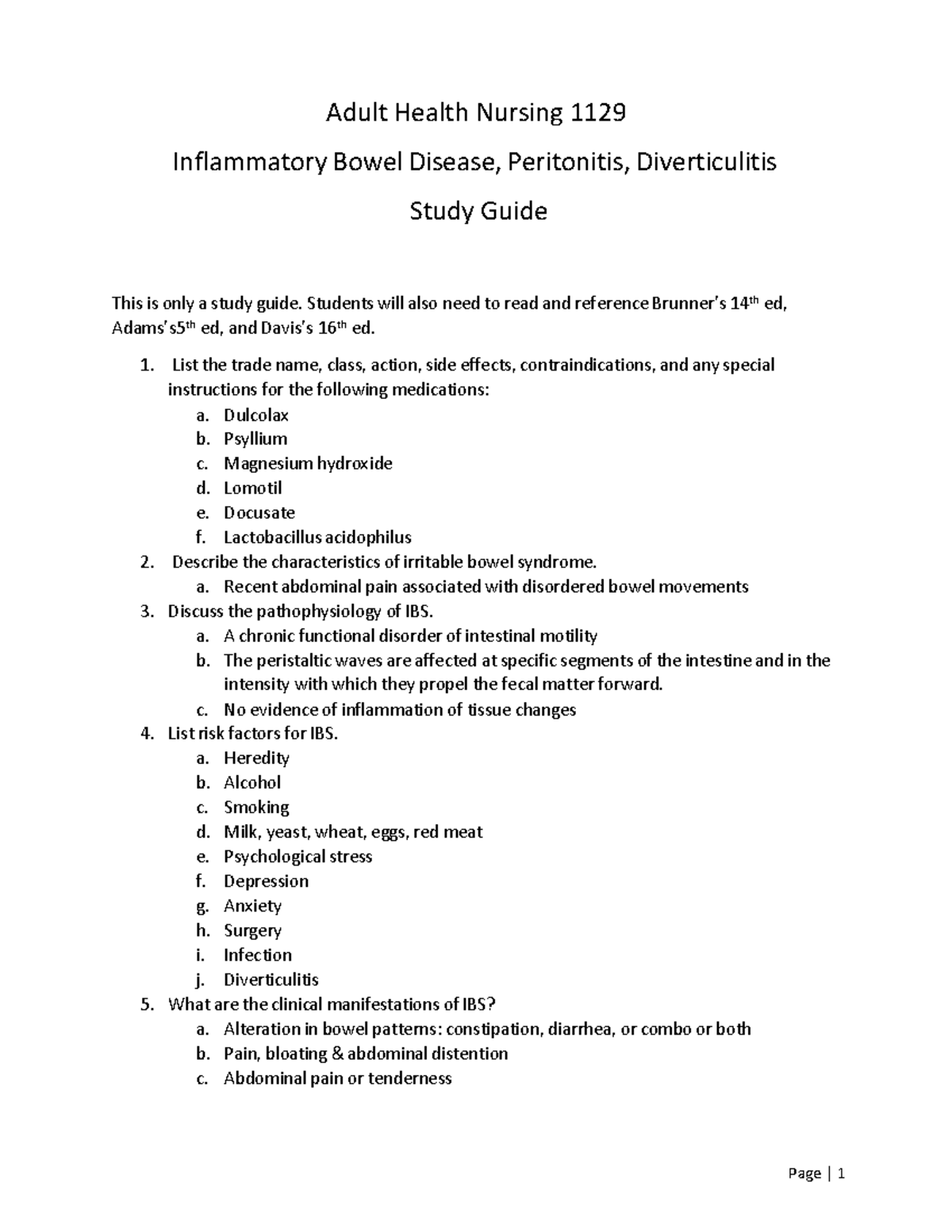 Inflammatory Bowel Disease, Peritonitis, Diverticulitis Study Guide ...