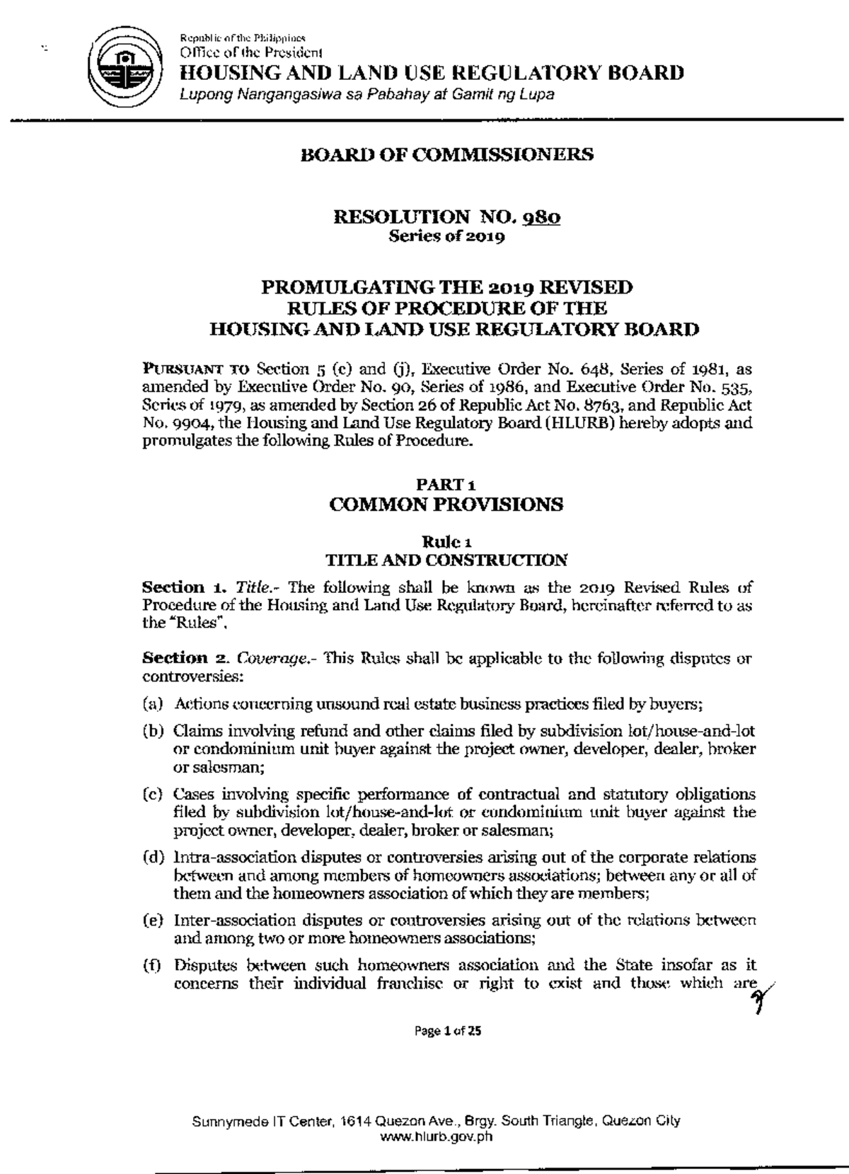 Hlurb rules of procedures 2019 - Republic of the Philippines Office of ...