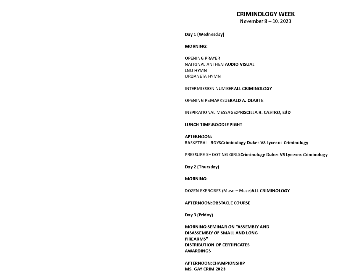 Lnes program - 31132123 - CRIMINOLOGY WEEK November 8 – 10, 2023 Day 1 ...