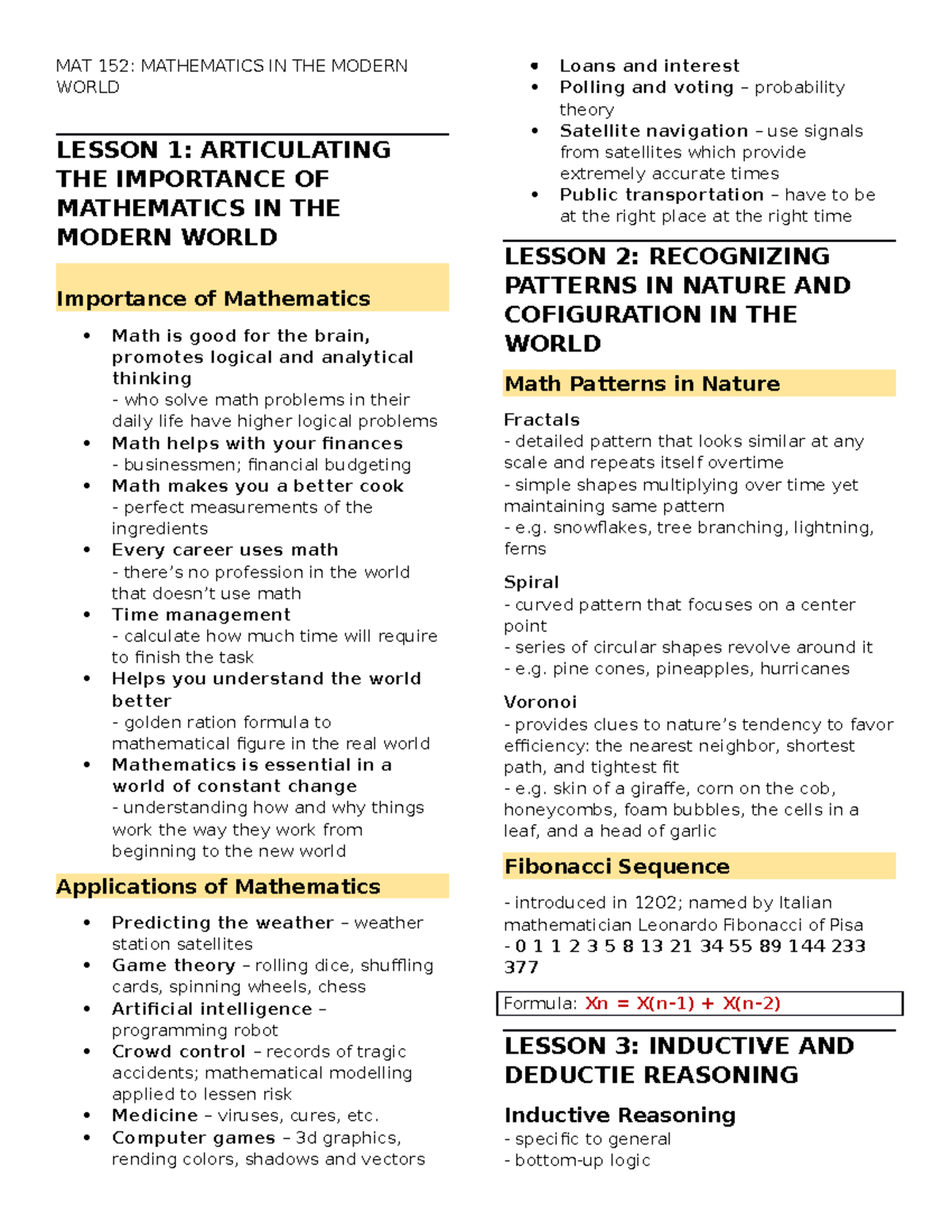 MAT 152 Lesson 1 to Lesson 7: A Summarization - MAT 152: MATHEMATICS IN THE MODERN WORLD LESSON ...