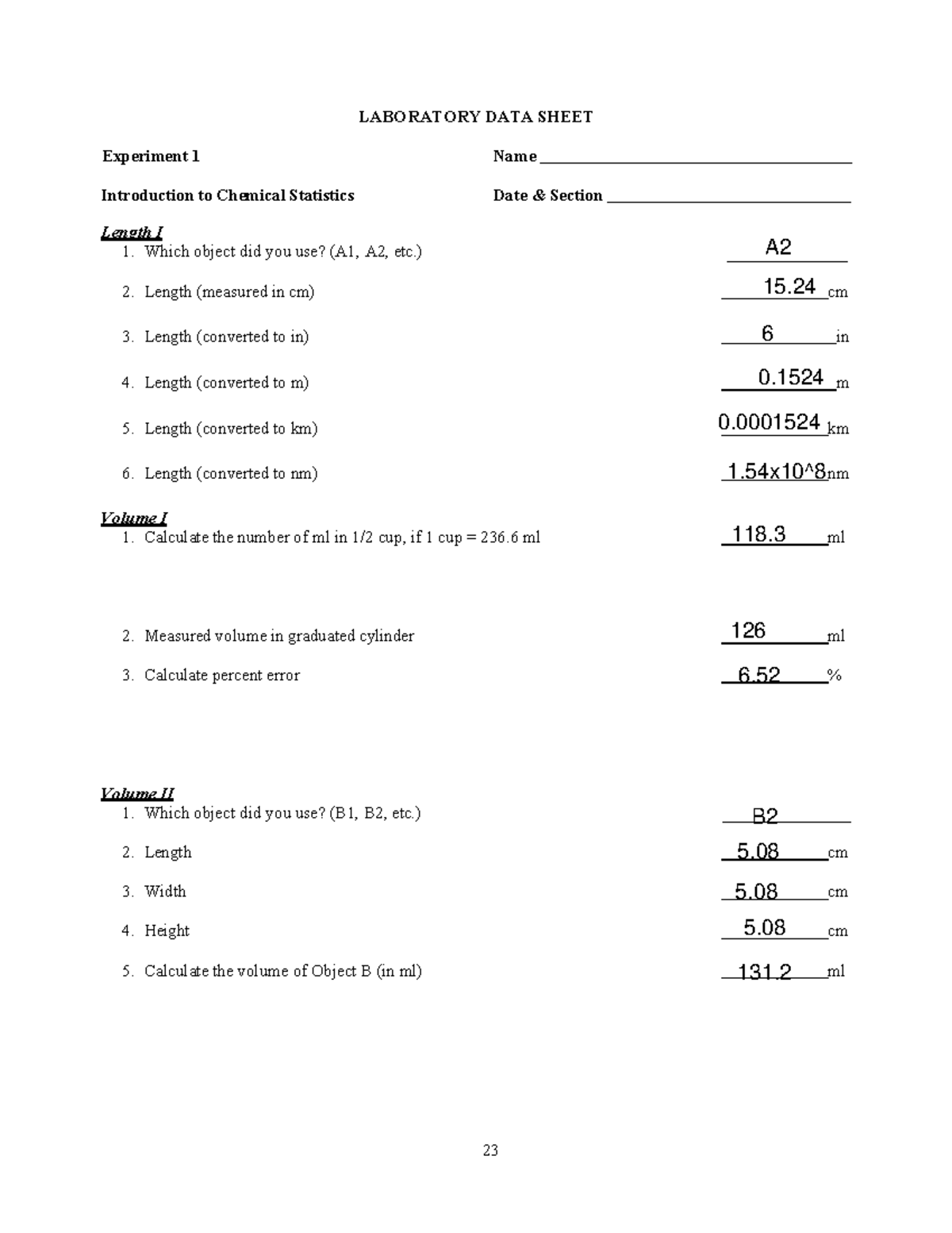 CHEM 1111 Data Sheets Only (1)-1 - 23 LABORATORY DATA SHEET Experiment 1 Name Introduction to ...