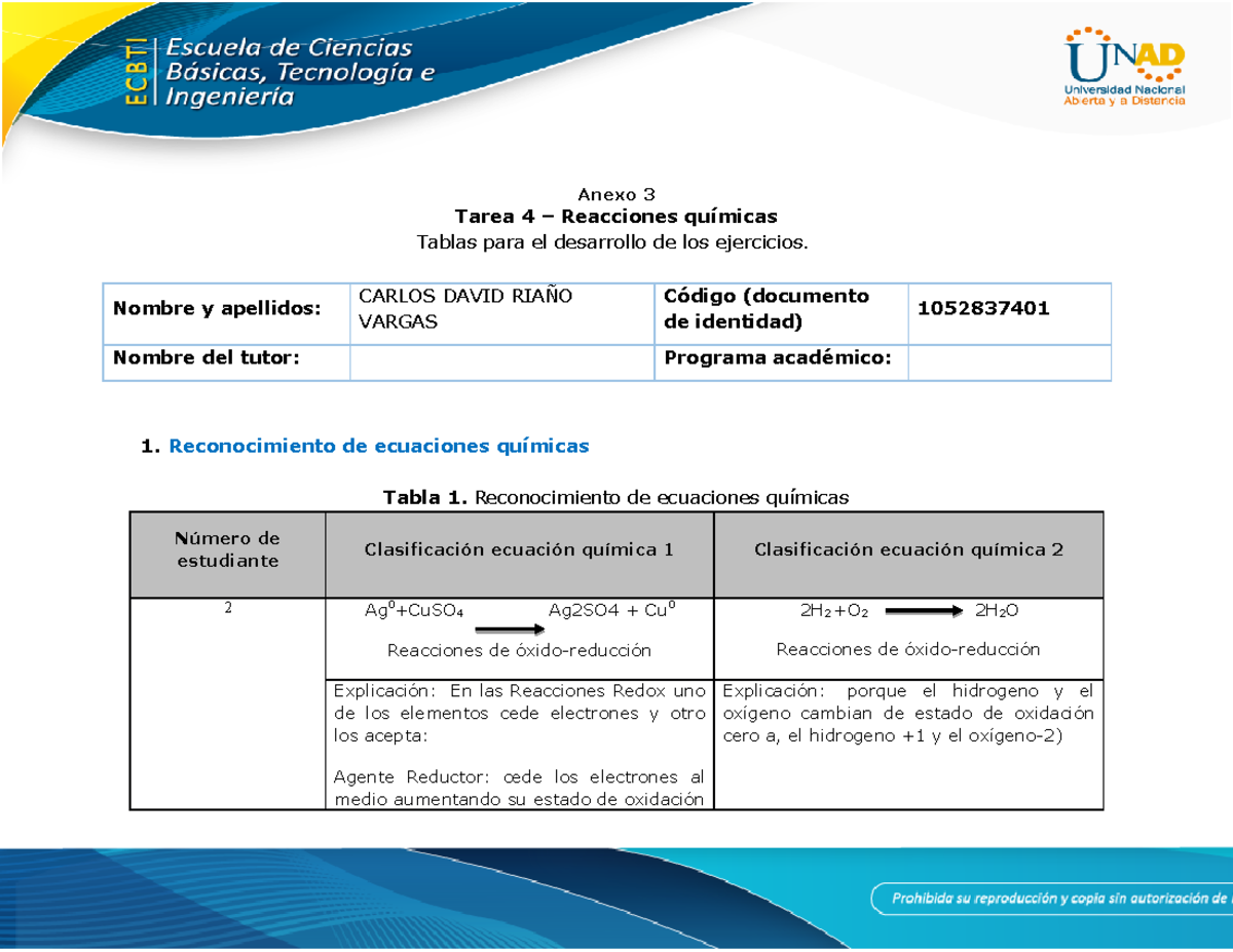 Quimica 4 - para que se guíen - Anexo 3 Tarea 4 – Reacciones químicas Tablas para el desarrollo ...