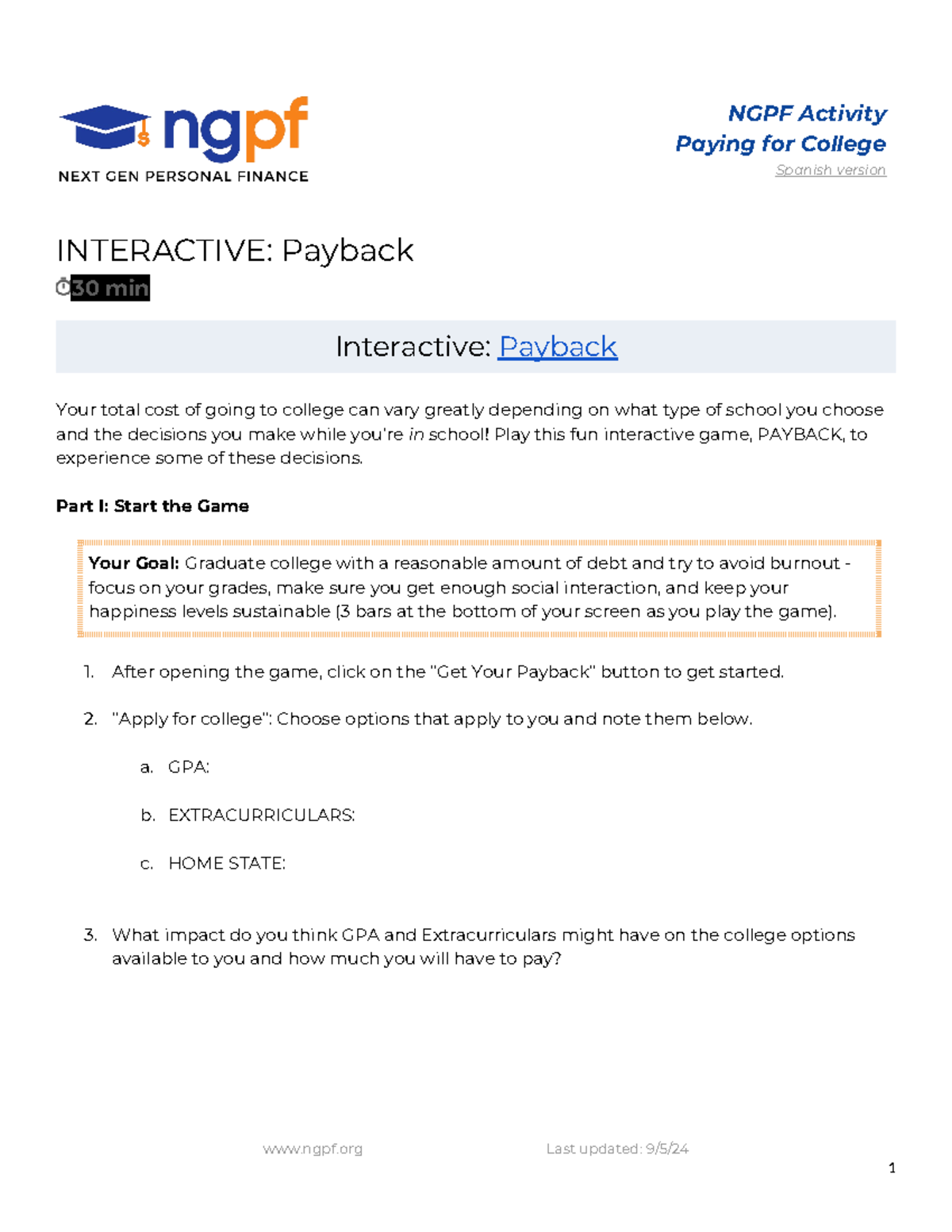 Interactive Payback - Really good stuff - NGPF Activity Paying for College Spanish version - Studocu
