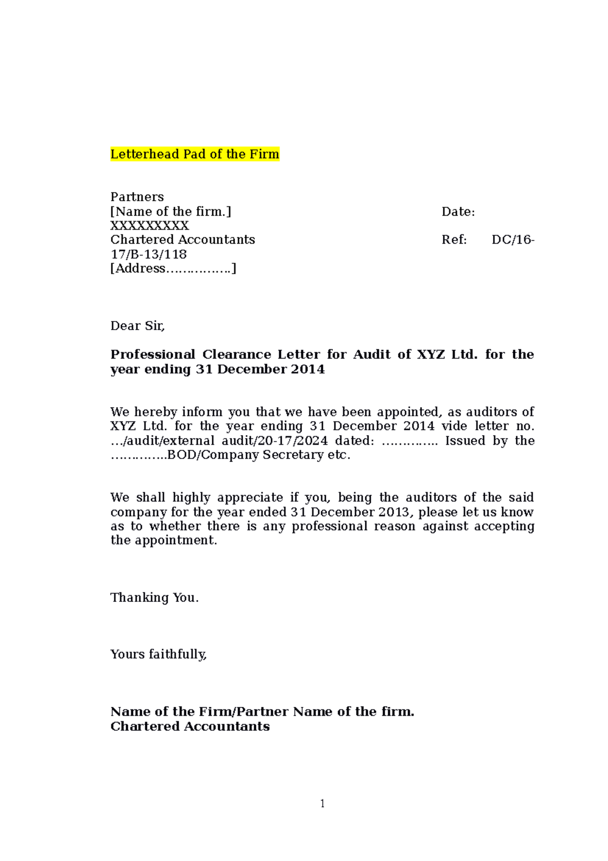 9618Professional Clearence Letter - Letterhead Pad of the Firm Partners ...