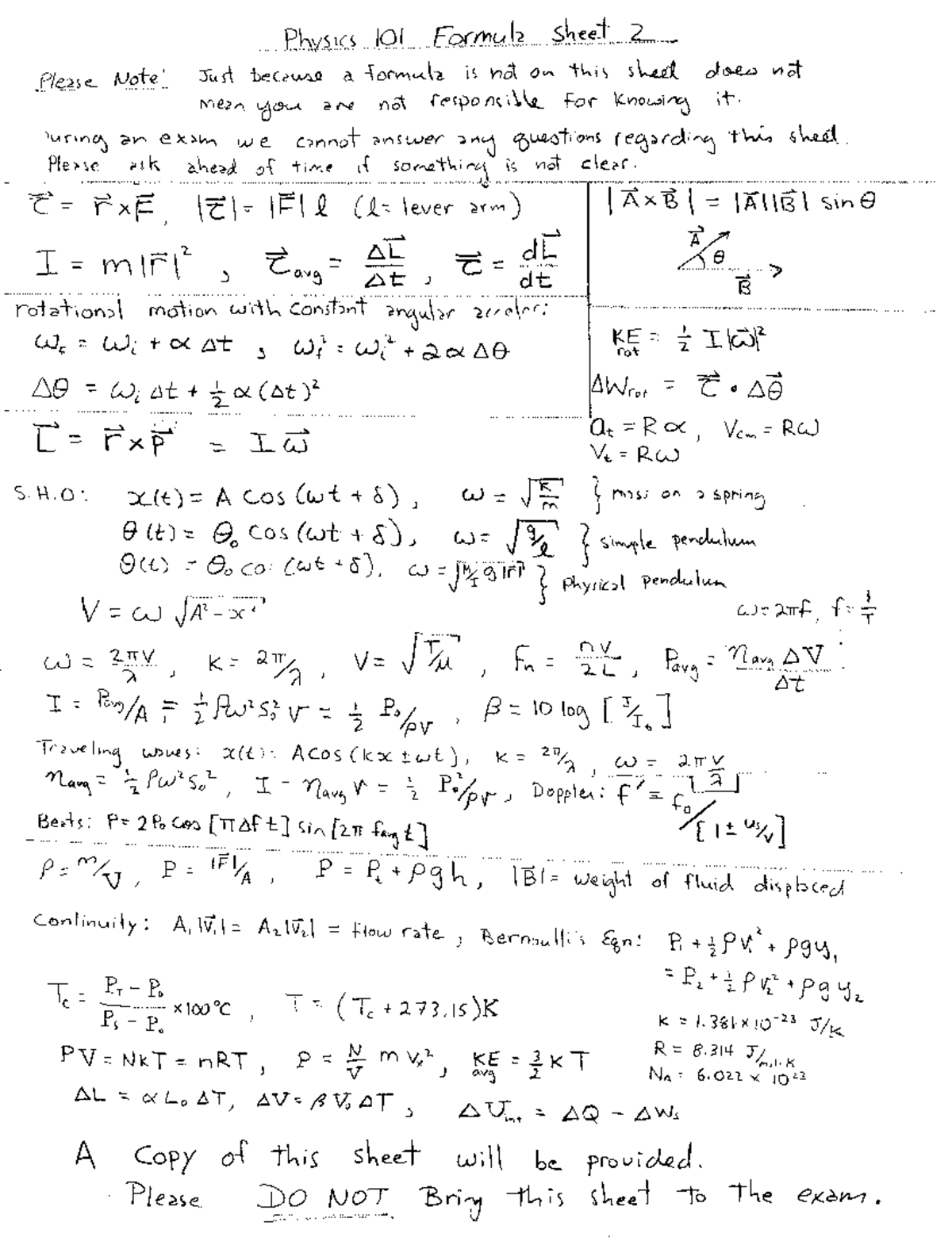 Formula Sheet 2 - Physics 101 Formula sheet 2 Please Note: Just because ...
