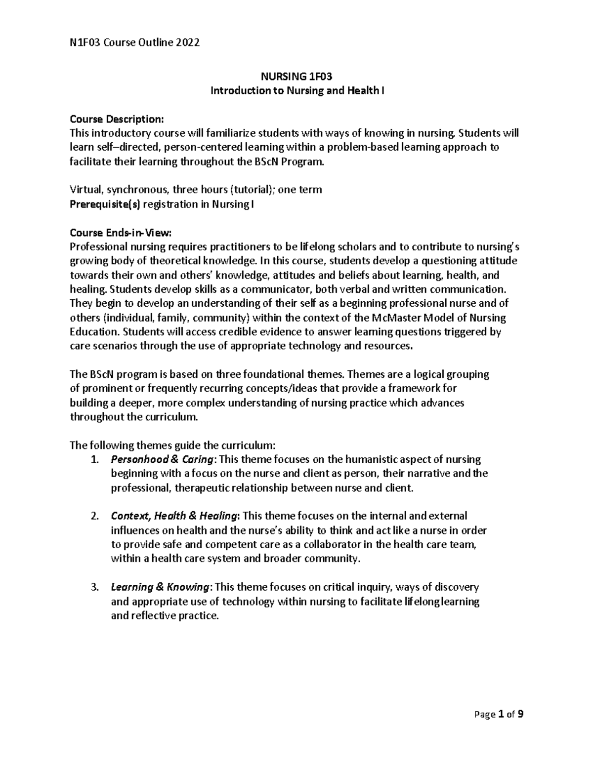 N1F03 Course Outline Fall 2022 - NURSING 1F Introduction to Nursing and ...
