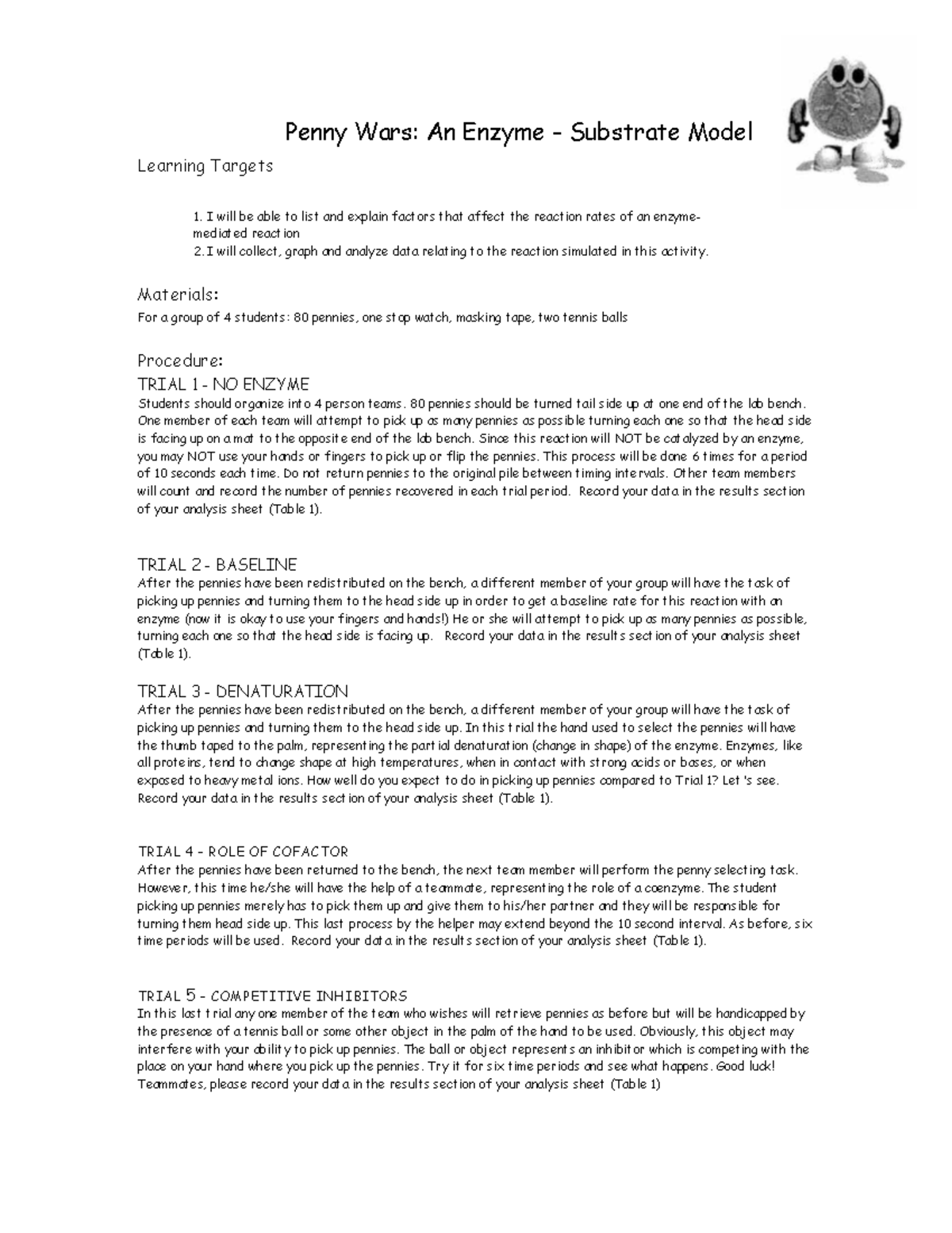 Penny picker- an enzyme-substrate modeling lab fall 2013 3 - Penny Wars ...