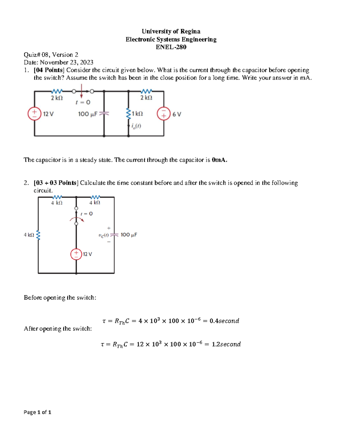 ENEL 280 Quiz 8 V2 Sol - quiz 8 - Page 1 of 1 University of Regina Electronic Systems ...