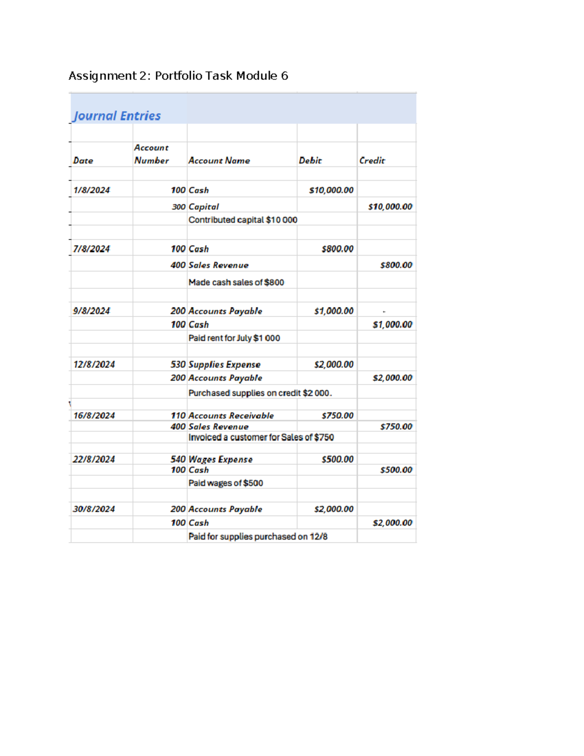Journal emtries and trial balance - Assignment 2: Portfolio Task Module ...