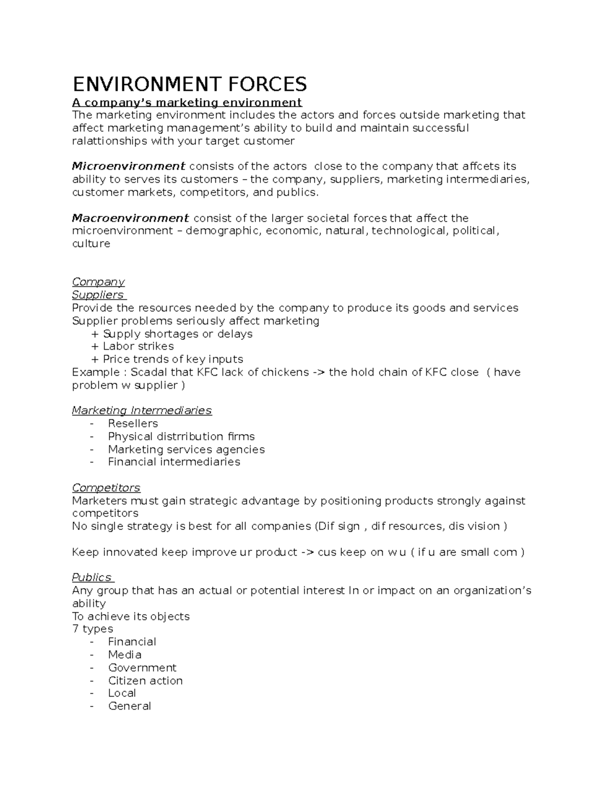 Environment- Forces - ENVIRONMENT FORCES A company’s marketing ...