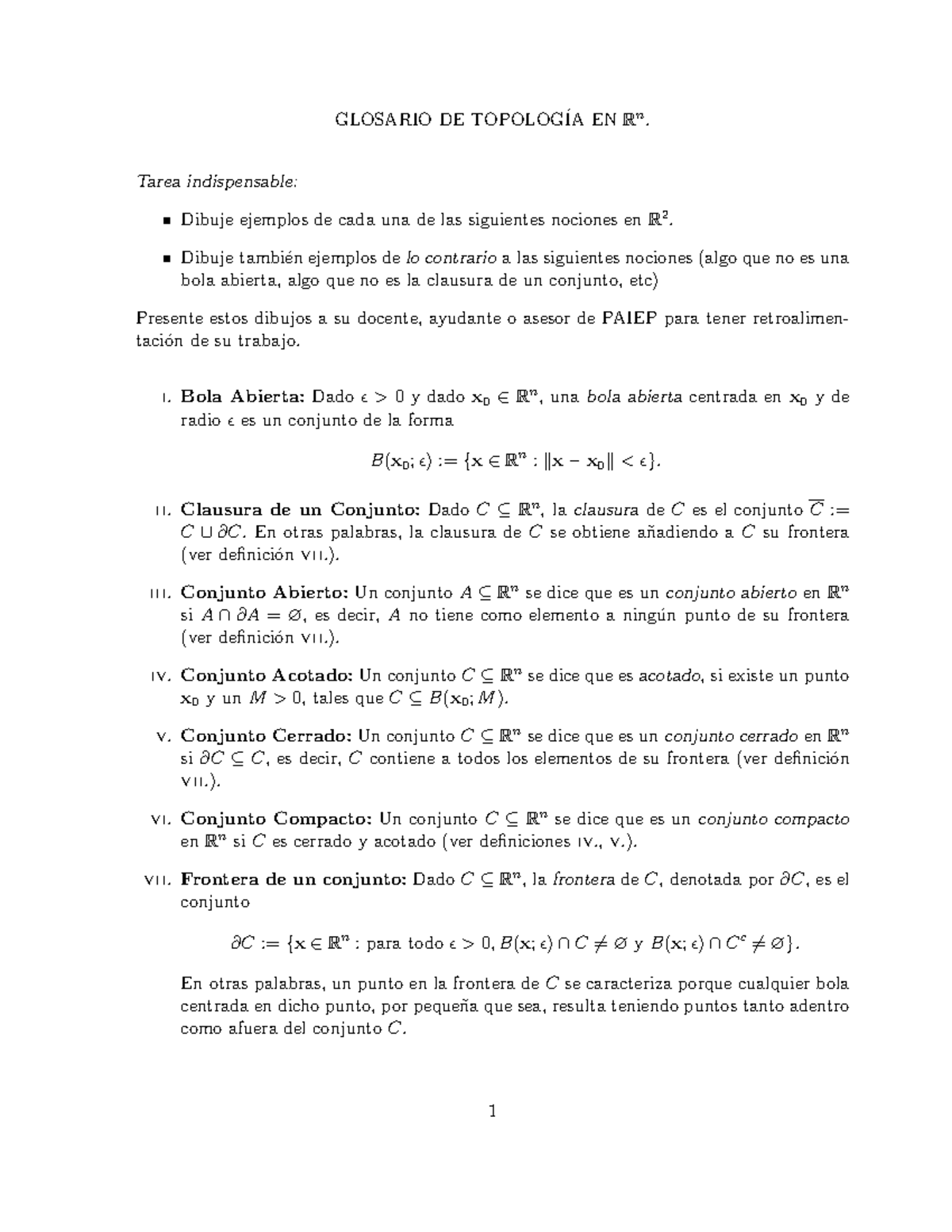 Glosario Top - Topología - GLOSARIO DE TOPOLOG ́IA EN Rn. Tarea indispensable: Dibuje ejemplos ...