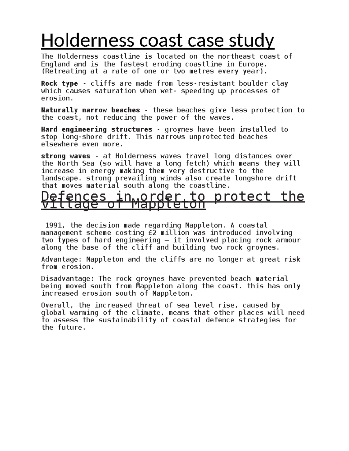 Holderness coast - (Retreating at a rate of one or two metres every ...