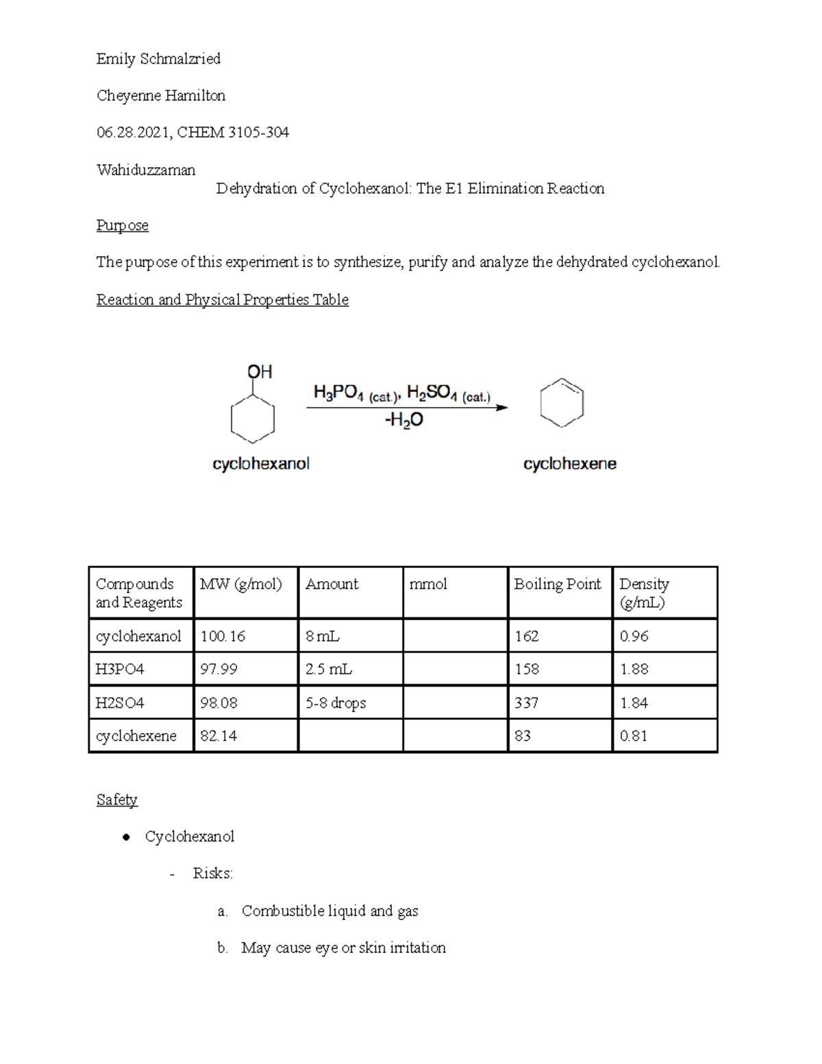 Dehydration of Cyclohexanol The E1 Elimination Reaction - Emily Schmalzried Cheyenne Hamilton 06 ...