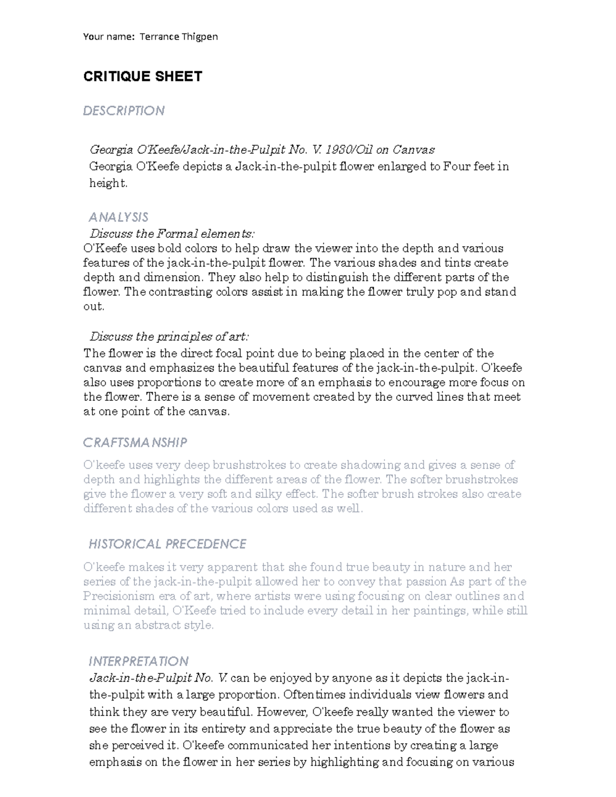 Critique Sheet Terrance Thigpen ART 100 - Your name: Terrance Thigpen ...