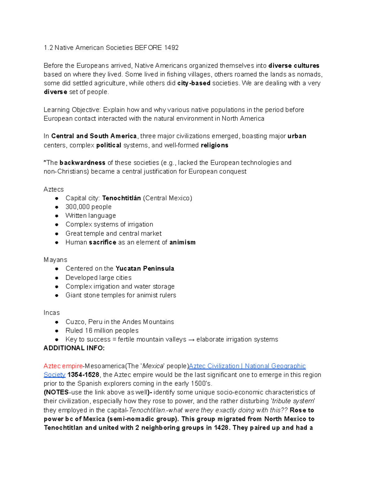 Apush Chapter 1 - 1 Native American Societies BEFORE 1492 Before the ...