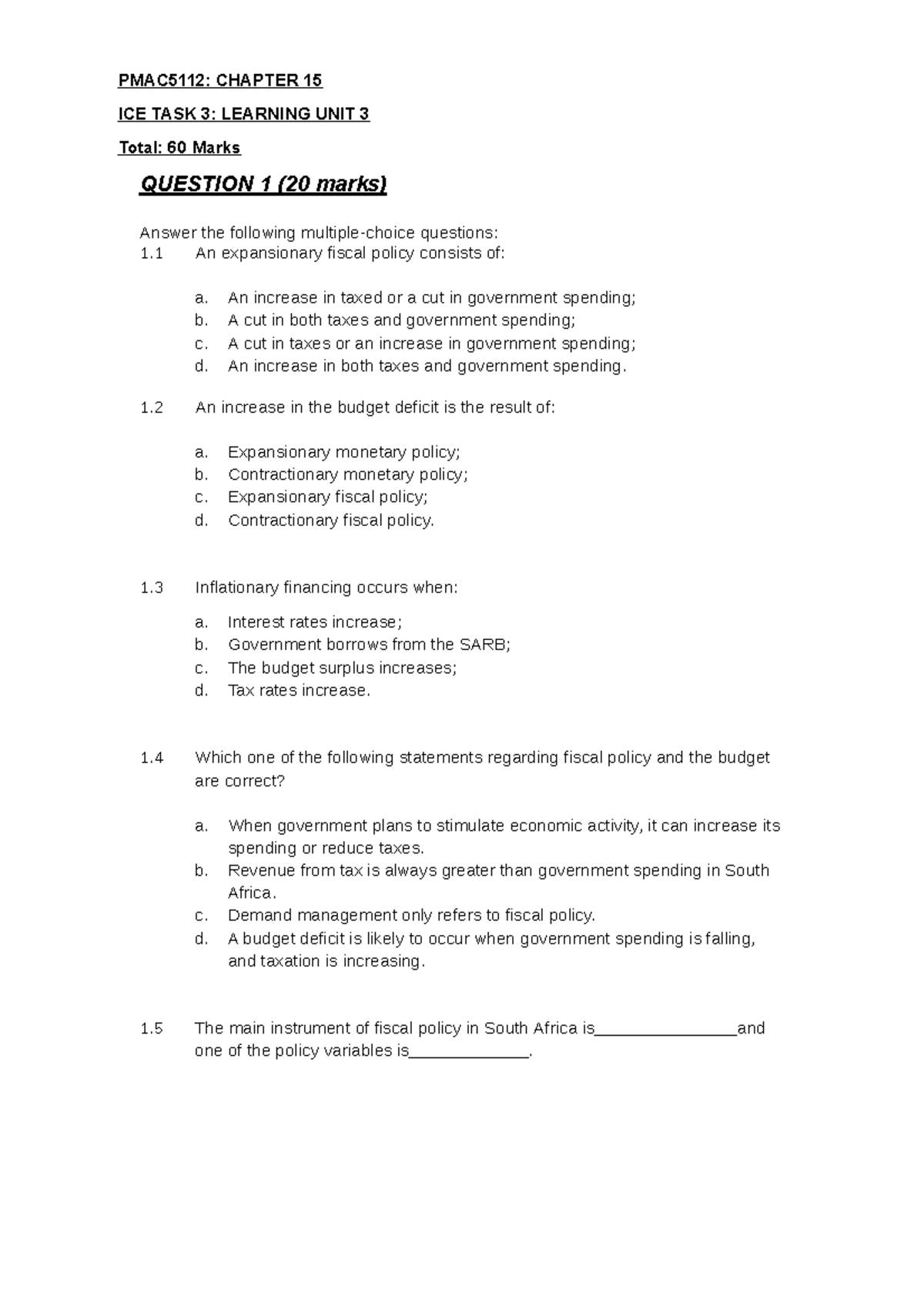 ICE TASK 3 - PMAC5112: CHAPTER 15 ICE TASK 3: LEARNING UNIT 3 Total: 60 ...