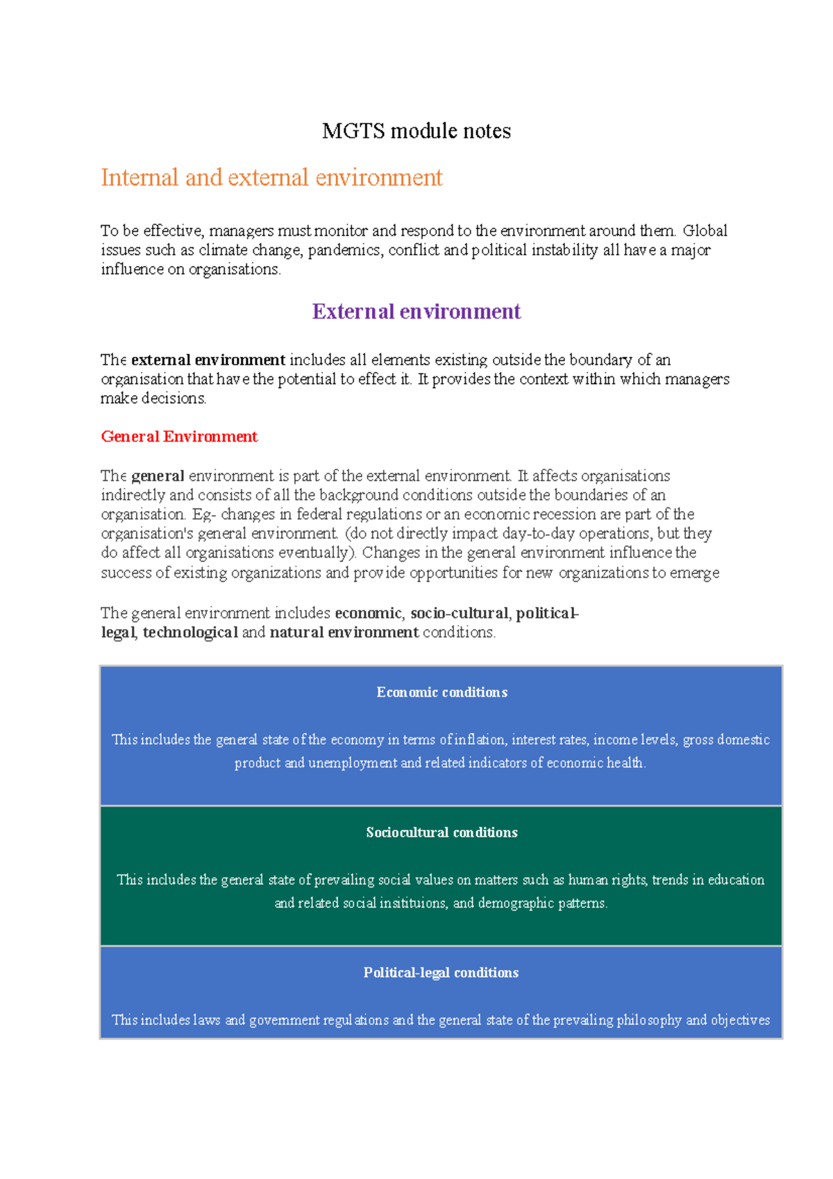 MGTS module notes - MGTS module notes Internal and external environment ...